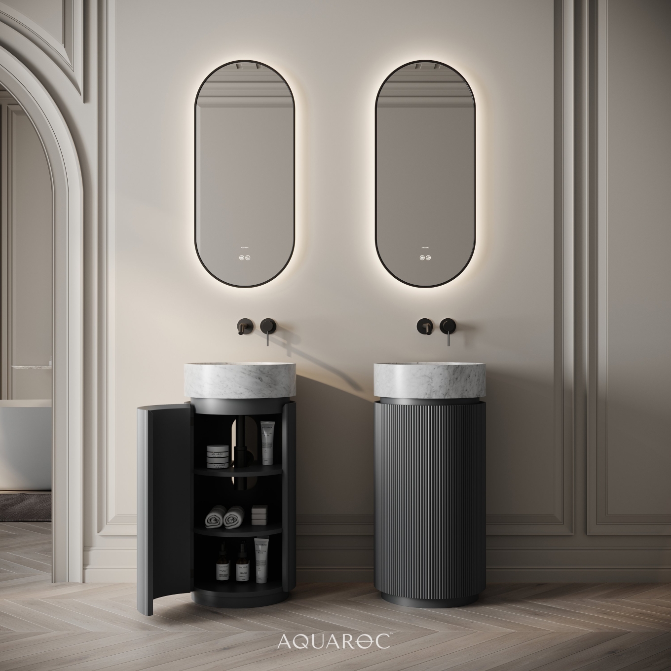 Rotunda Fluted Vanity Unit & Carrara Marble Basin 420mm Matte Grey ...