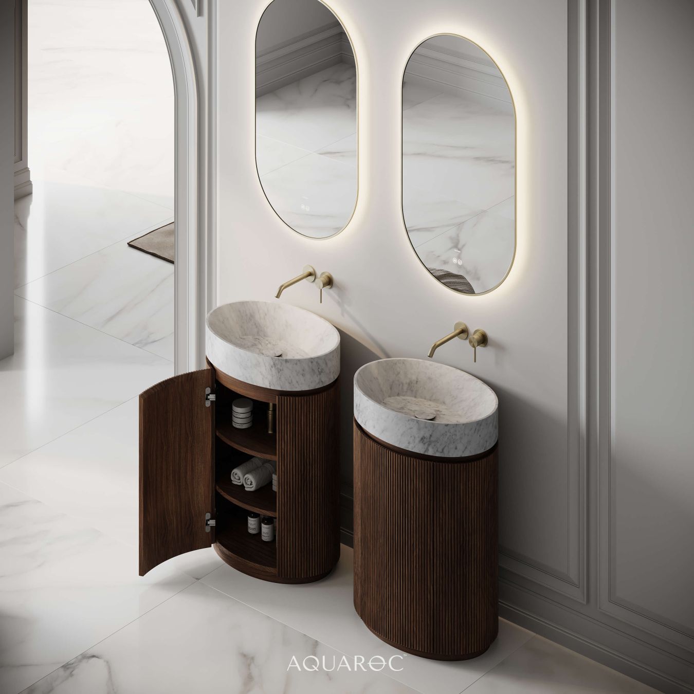 Rotunda Fluted Vanity Unit & Carrara Marble Basin 600mm Walnut | Aquaroc