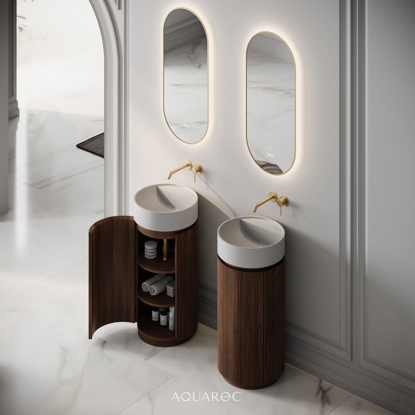 Rotunda Fluted Vanity Unit & Stone Basin 420mm Walnut | Aquaroc