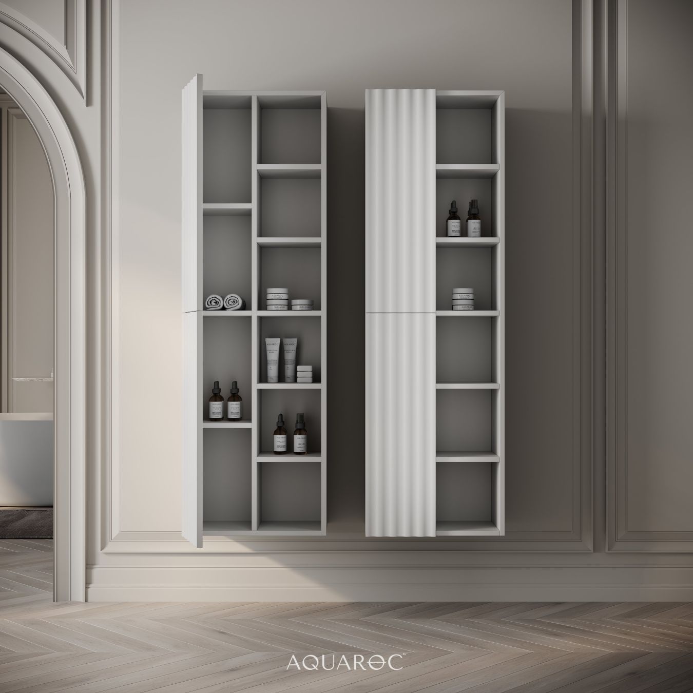 Wall Hung Fluted Bathroom Storage Unit 500mm Warm Grey From Aquaroc