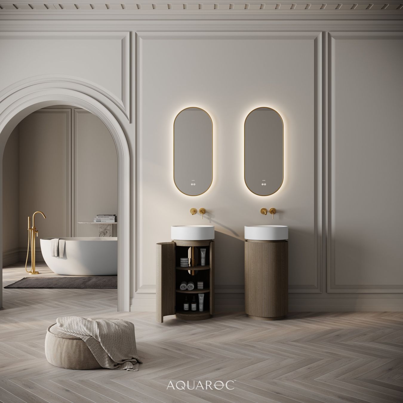 Rotunda Fluted Vanity Unit & Stone Basin 420mm Smoked Oak | Aquaroc