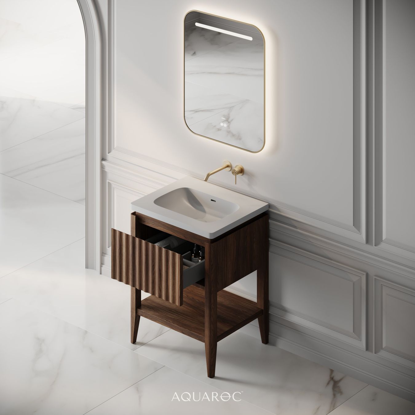 Kensington Vanity Unit & Stone Basin 600mm Walnut | Aquaroc