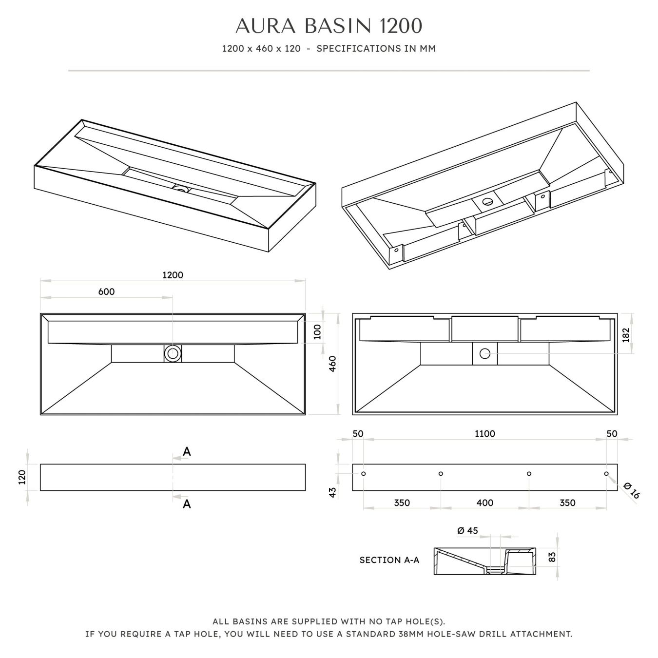 Aura Wall Hung Double Stone Basin 1200mm | Aquaroc
