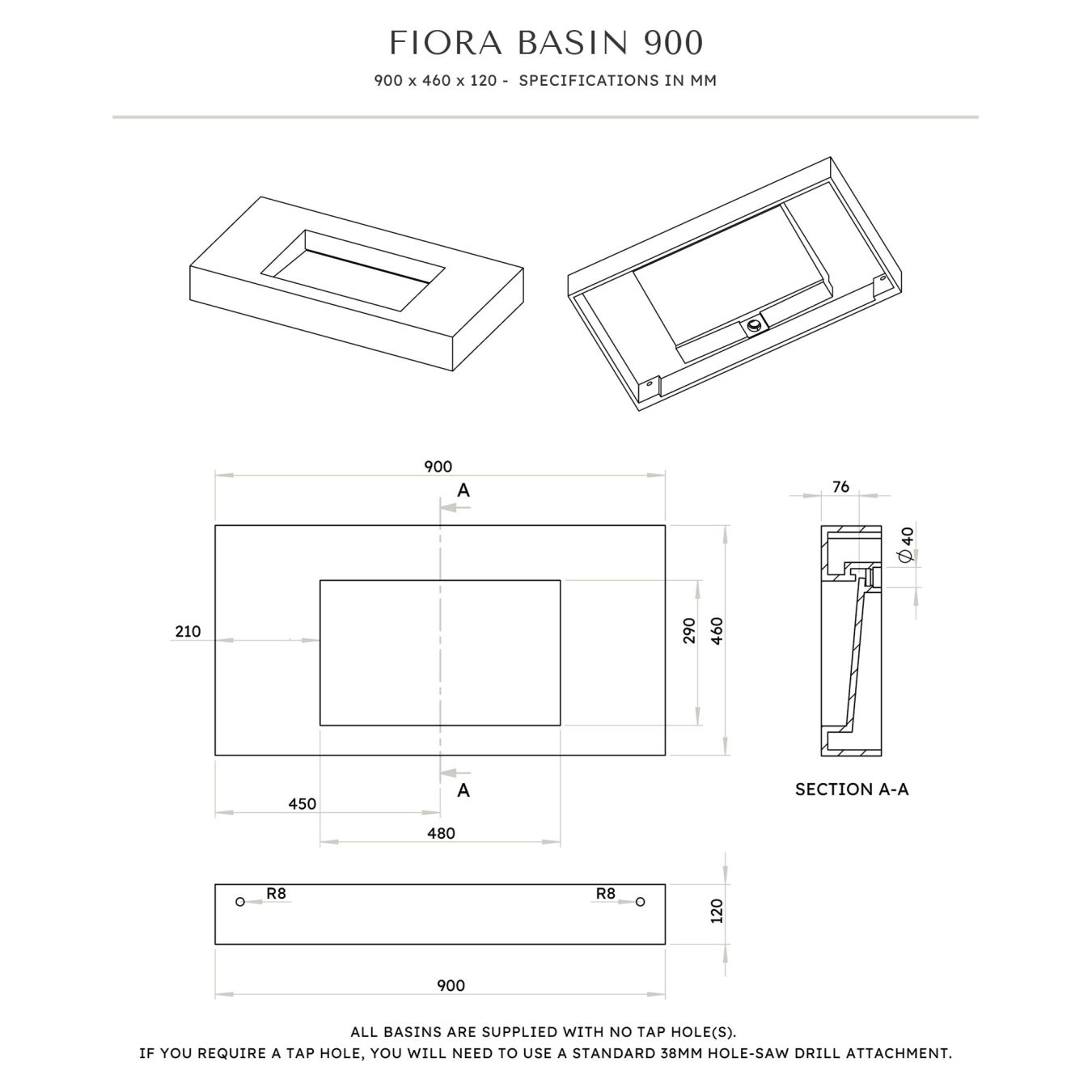 Fiora Wall Hung Stone Basin 900mm | Aquaroc