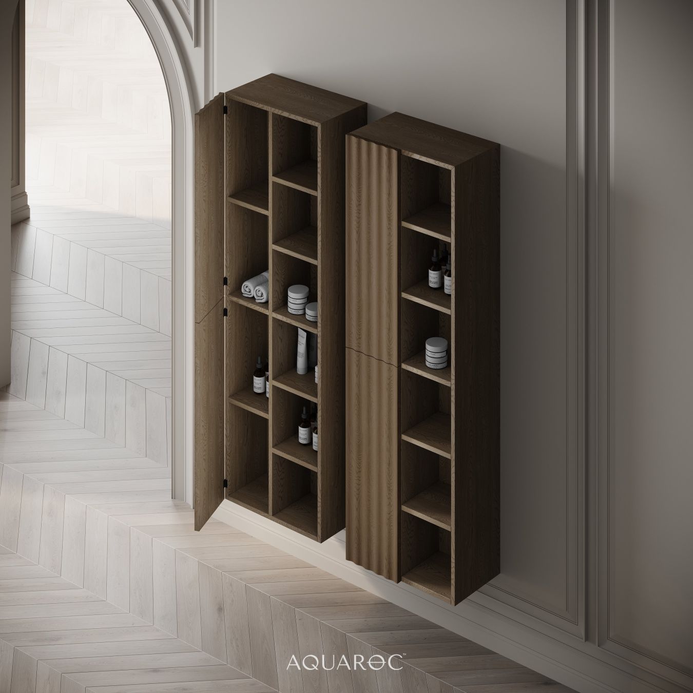Wall Hung Fluted Bathroom Storage Unit 500mm Smoked Oak From Aquaroc