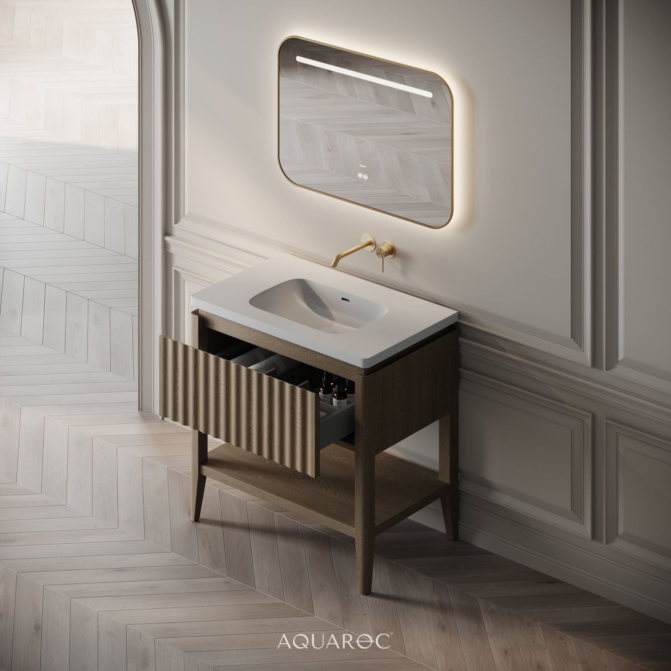 Kensington Vanity Unit & Stone Basin 800mm Smoked Oak | Aquaroc