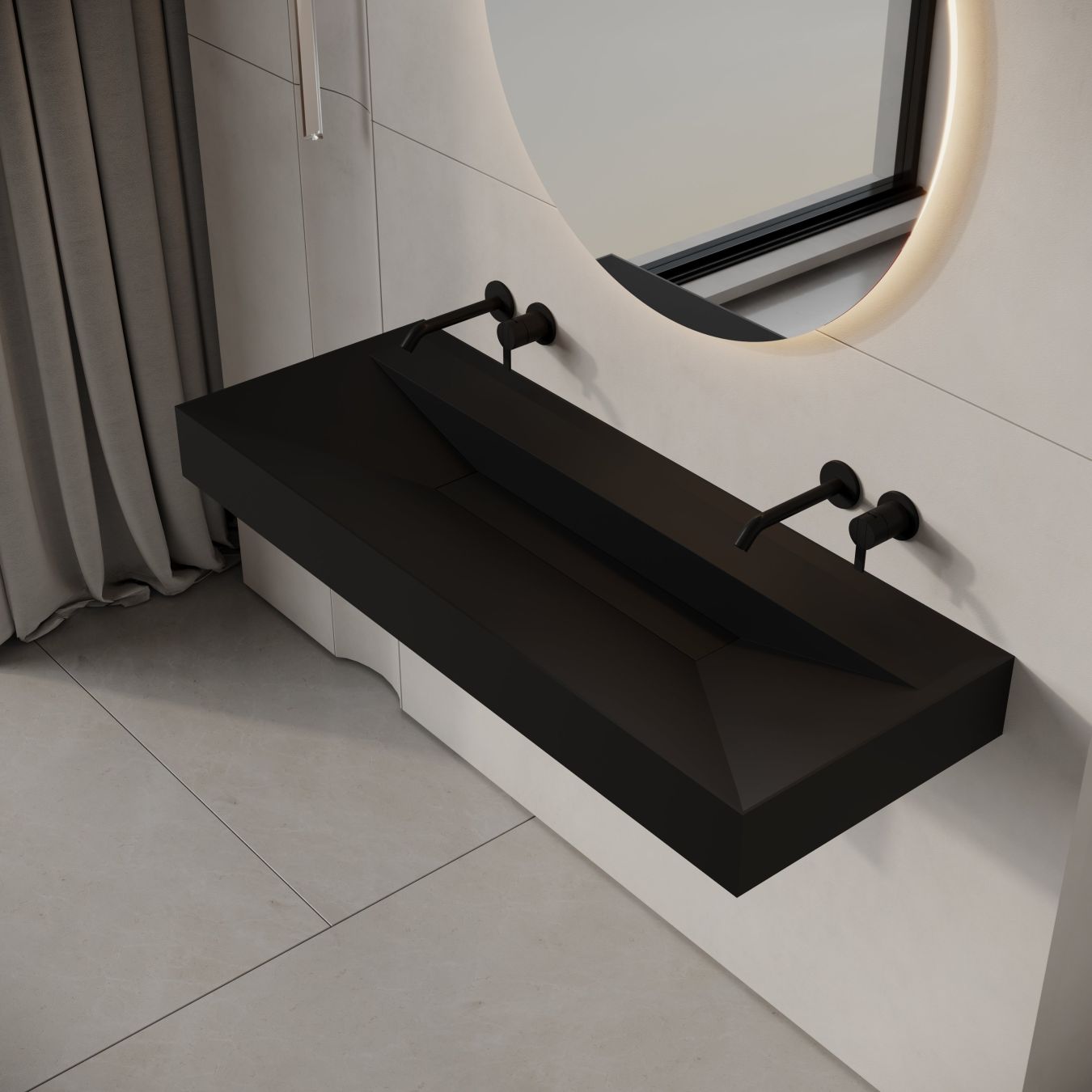 Aura Matte Black Wall Hung Double Stone Basin 1200mm | Aquaroc