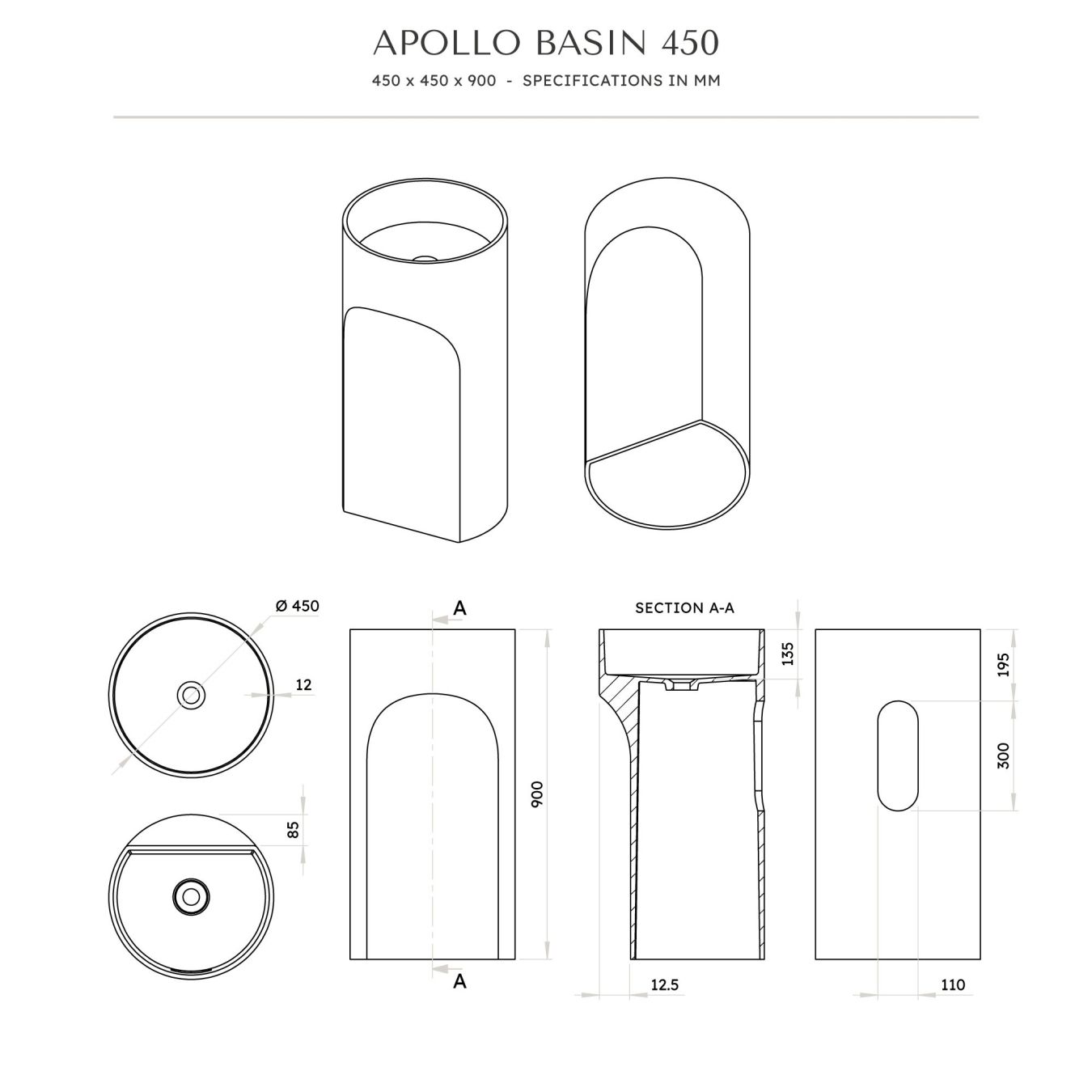 Apollo Matte Black Freestanding Stone Basin 450mm | Aquaroc