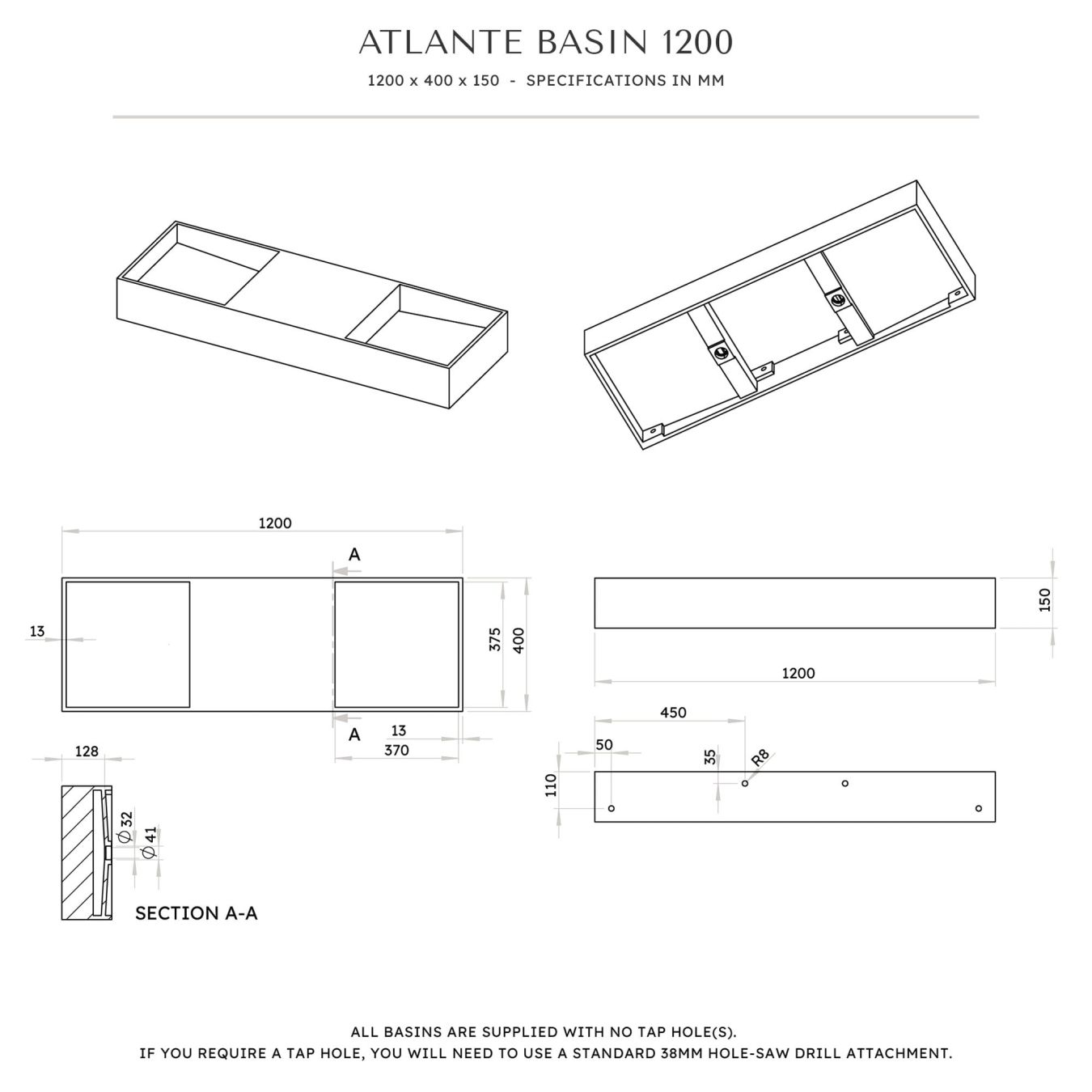 Atlante Wall Hung Double Stone Basin 1200mm | Aquaroc