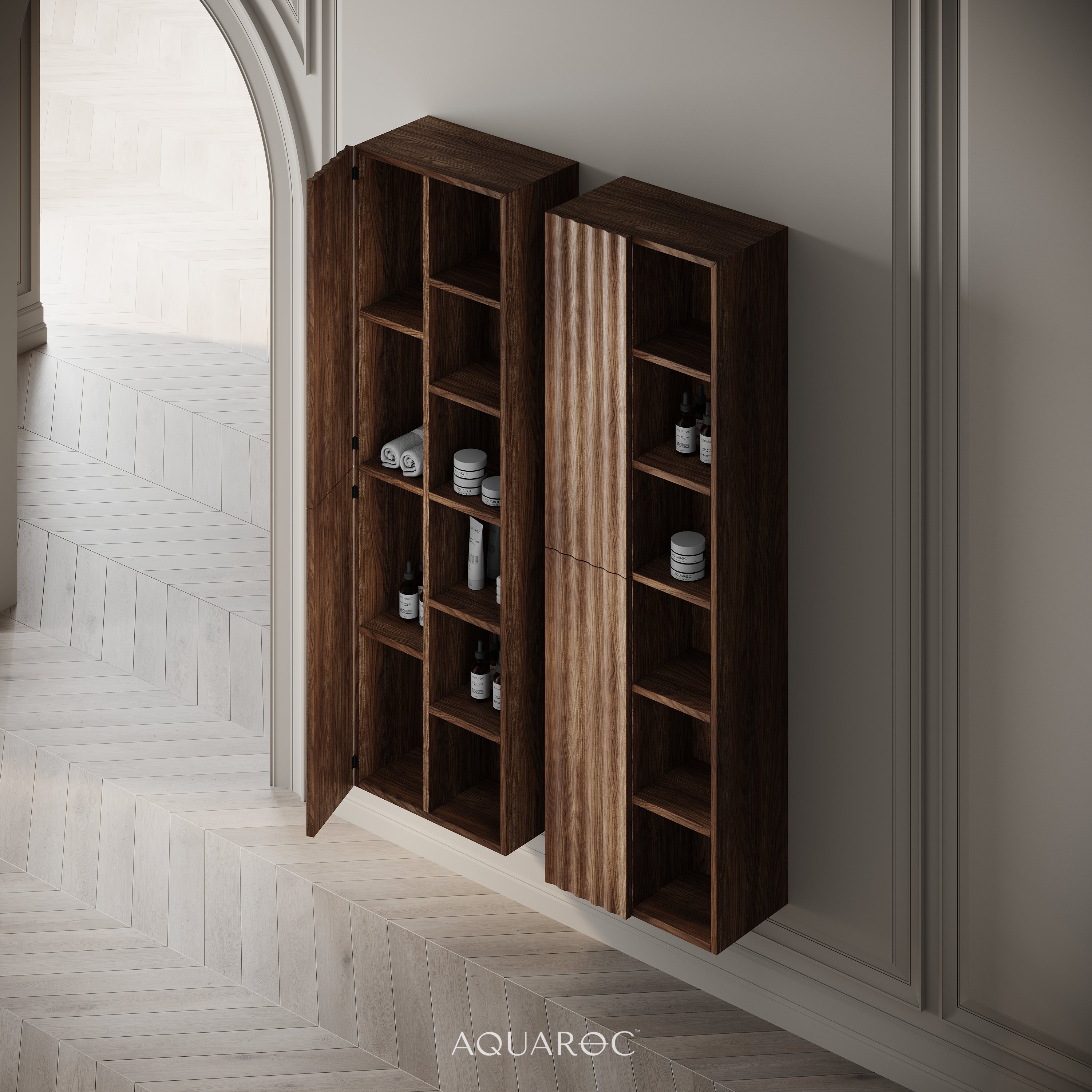 Wall Hung Fluted Bathroom Storage Unit 500mm Walnut From Aquaroc