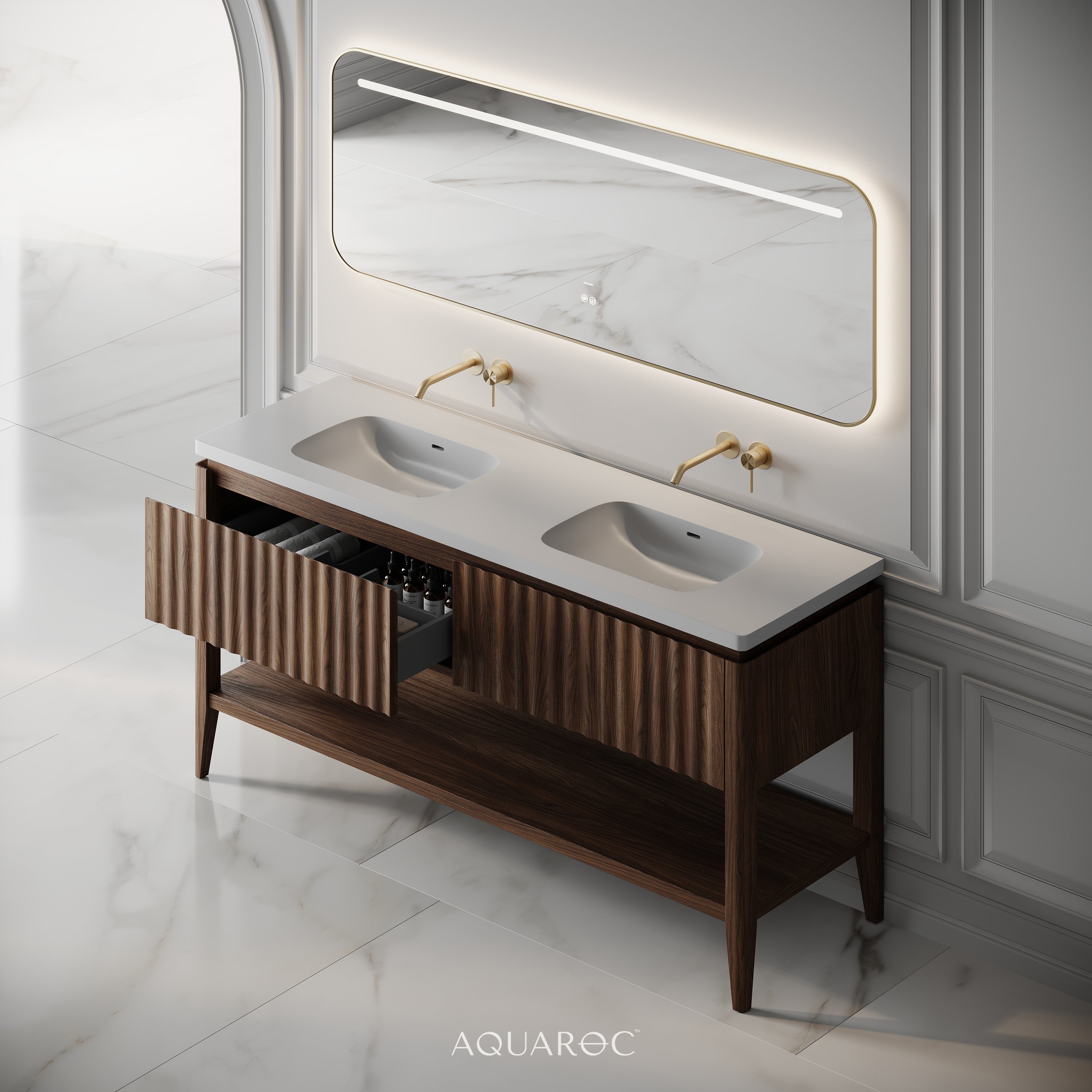 Kensington Double Vanity Unit & Stone Basin 1600mm Walnut | Aquaroc