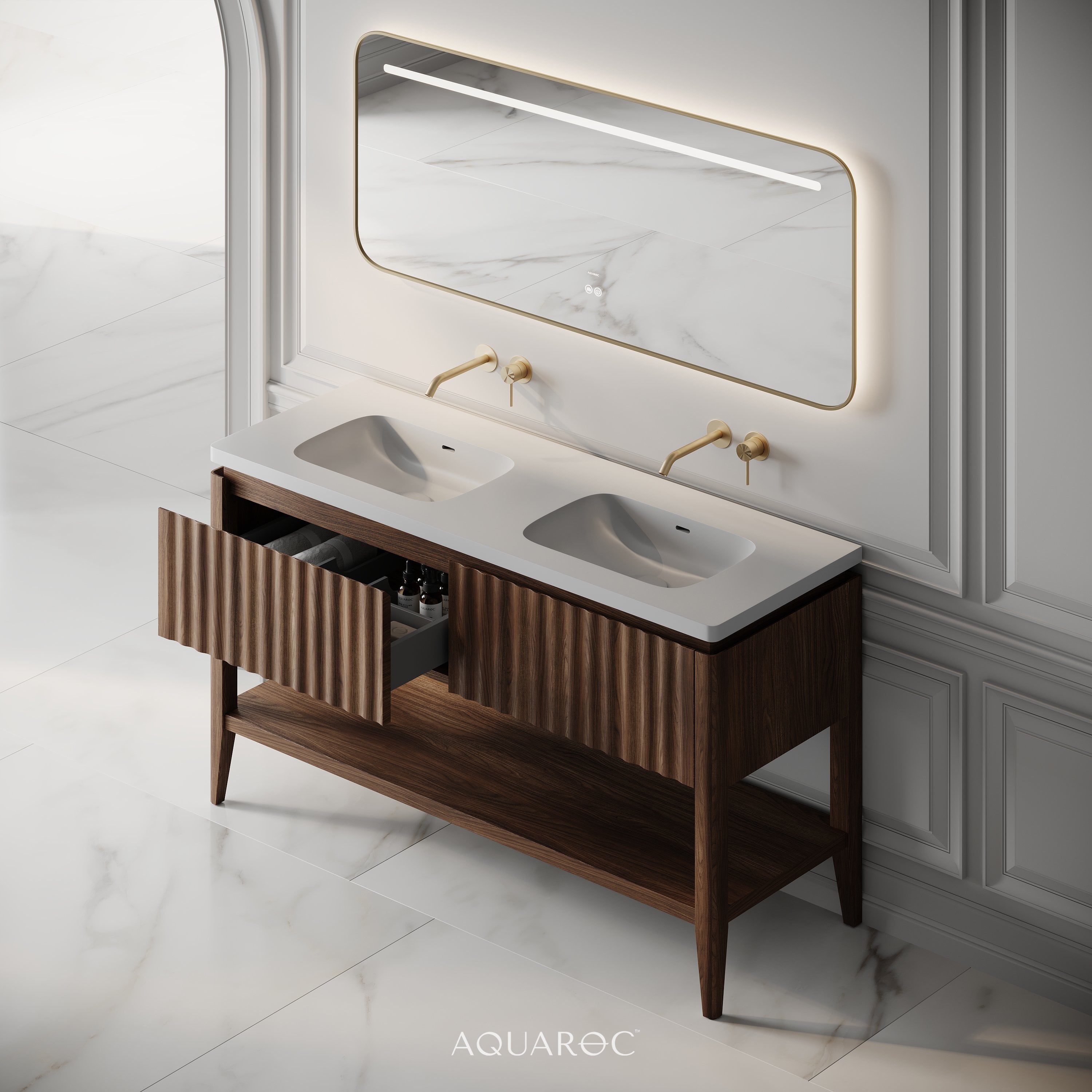 Kensington Double Vanity Unit & Stone Basin 1400mm Walnut | Aquaroc