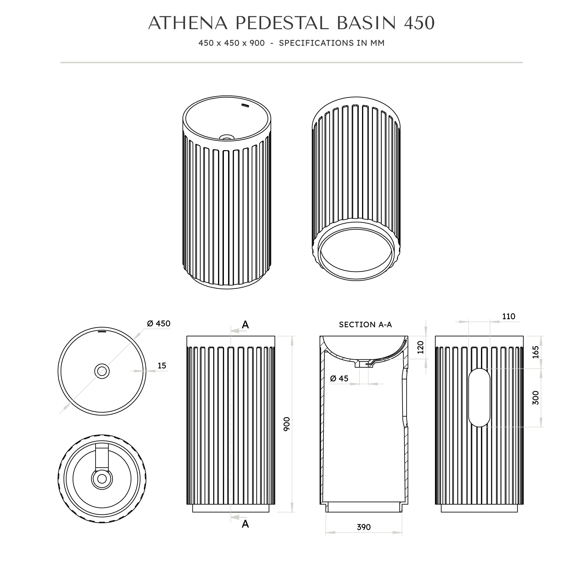 Athena Freestanding Fluted Stone Basin 450mm | Aquaroc