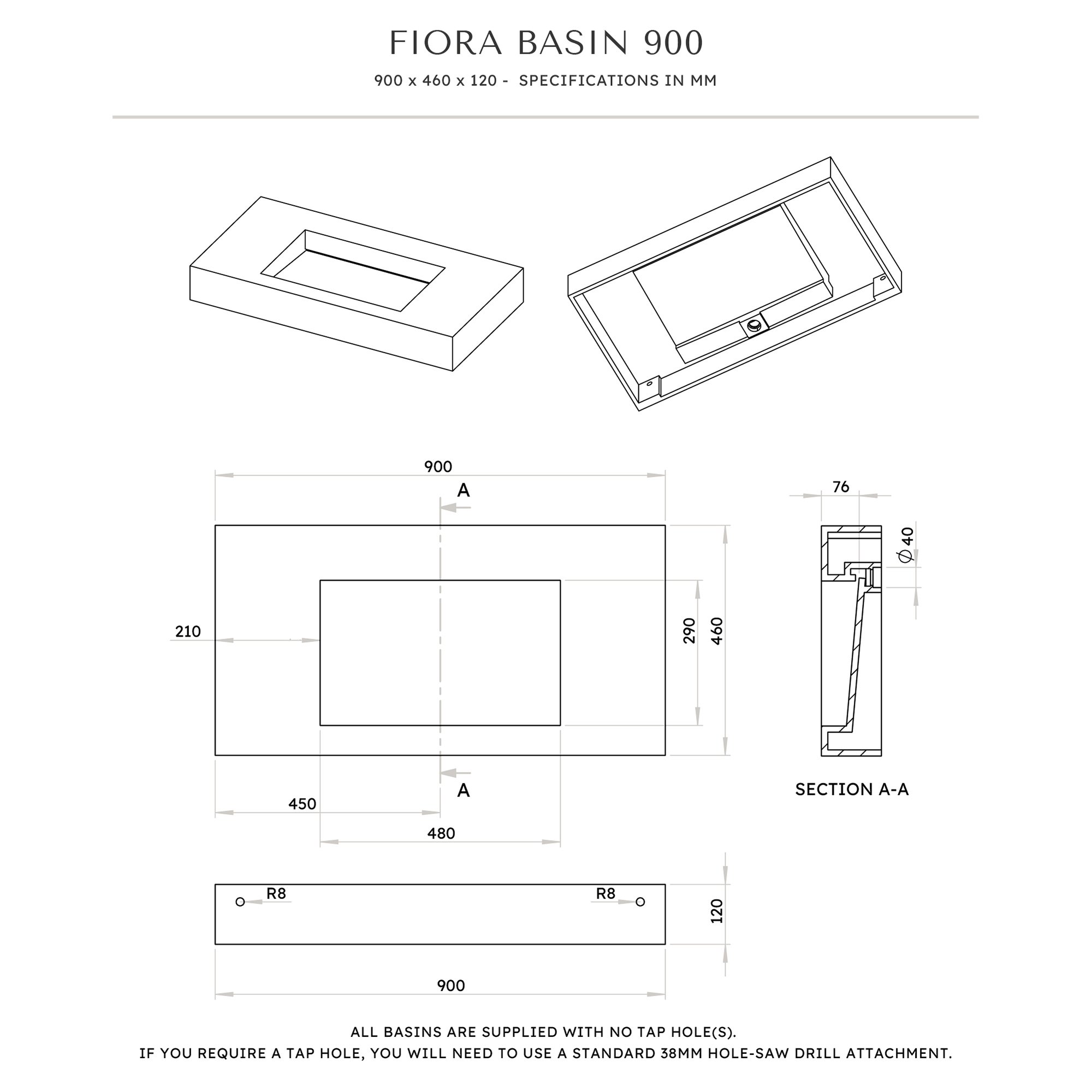 Fiora Wall Hung Stone Basin 900mm | Aquaroc
