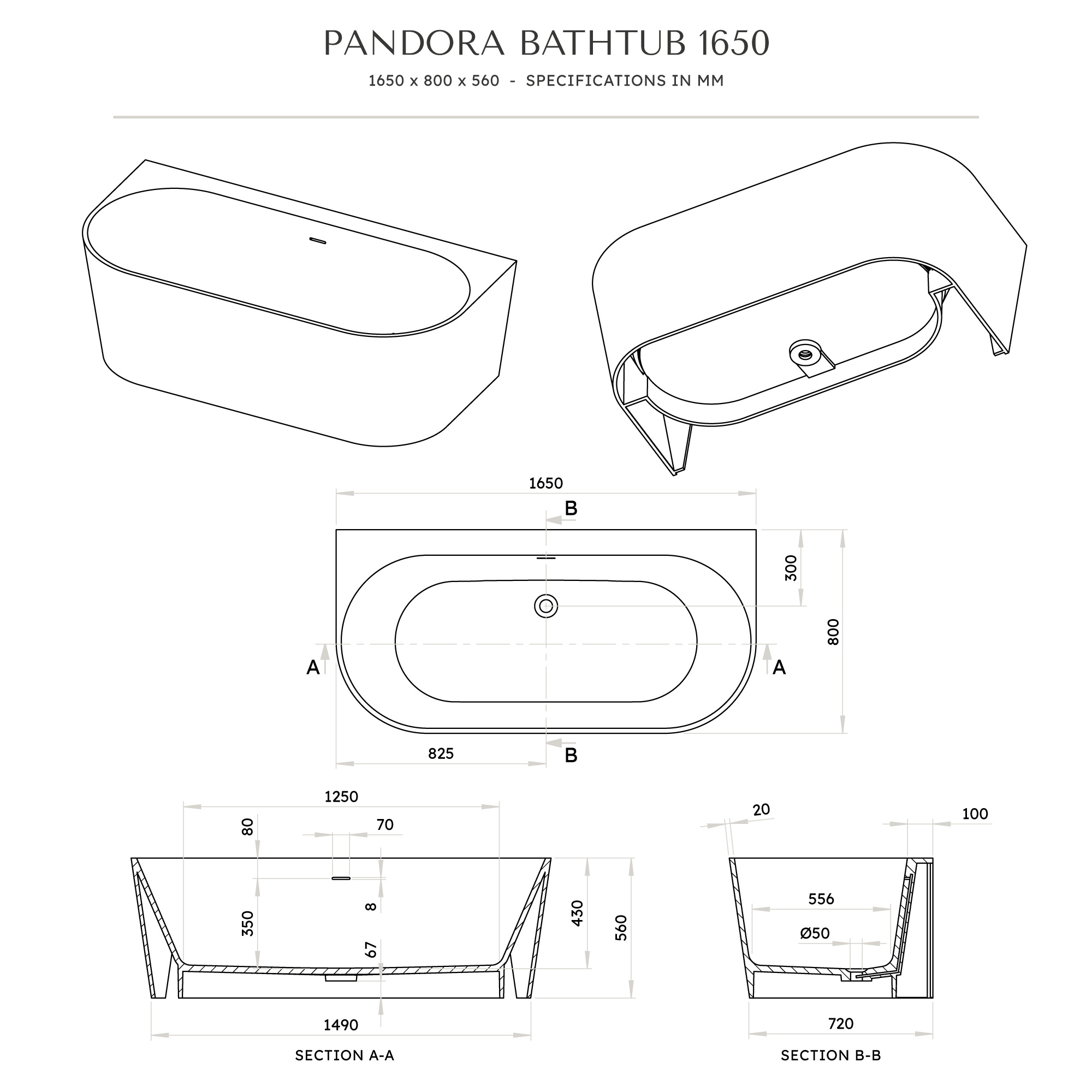 Pandora Back To Wall Freestanding Stone Bath 1650mm | Aquaroc