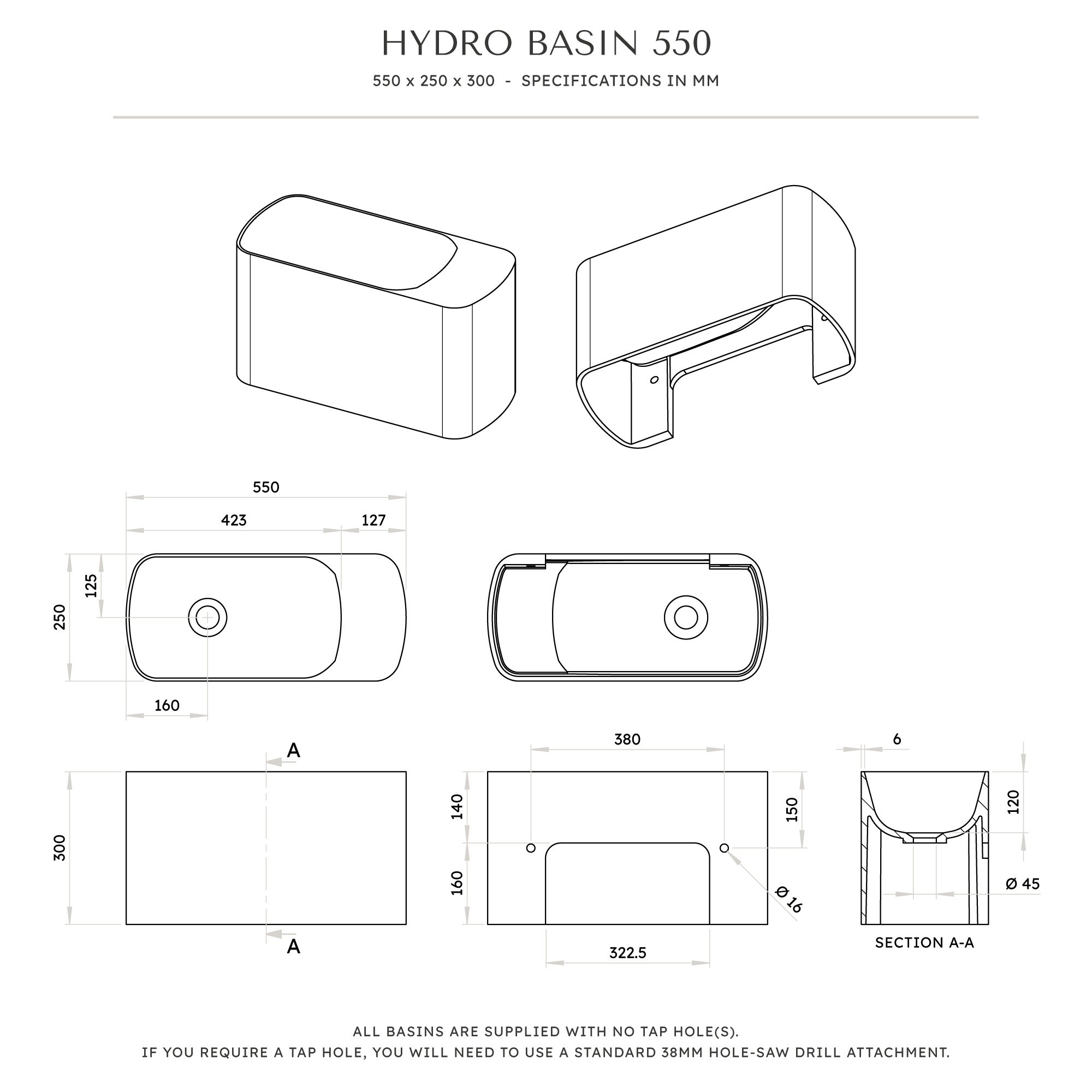 Hydro Matte Black Wall Hung Stone Basin 550mm | Aquaroc