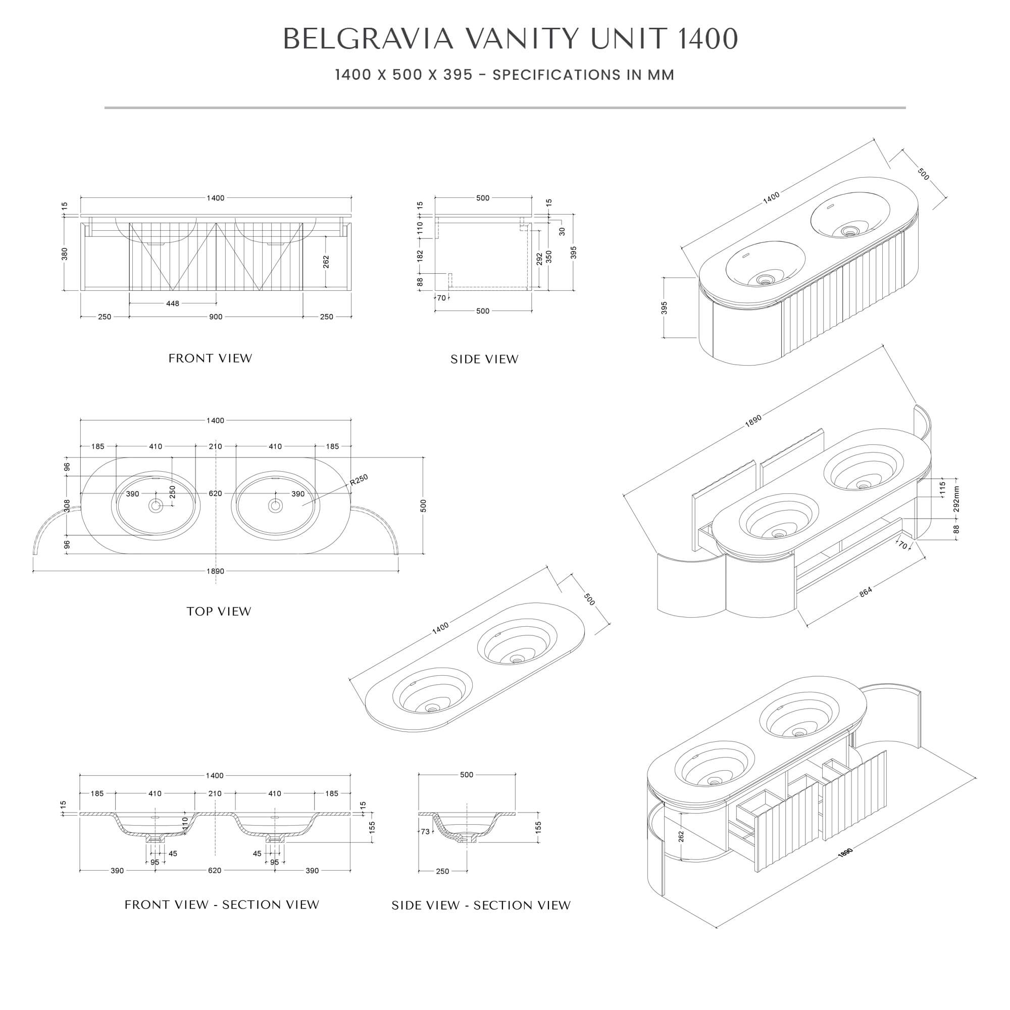 Belgravia Double Vanity Unit & Stone Basin 1400mm Smoked Oak | Aquaroc