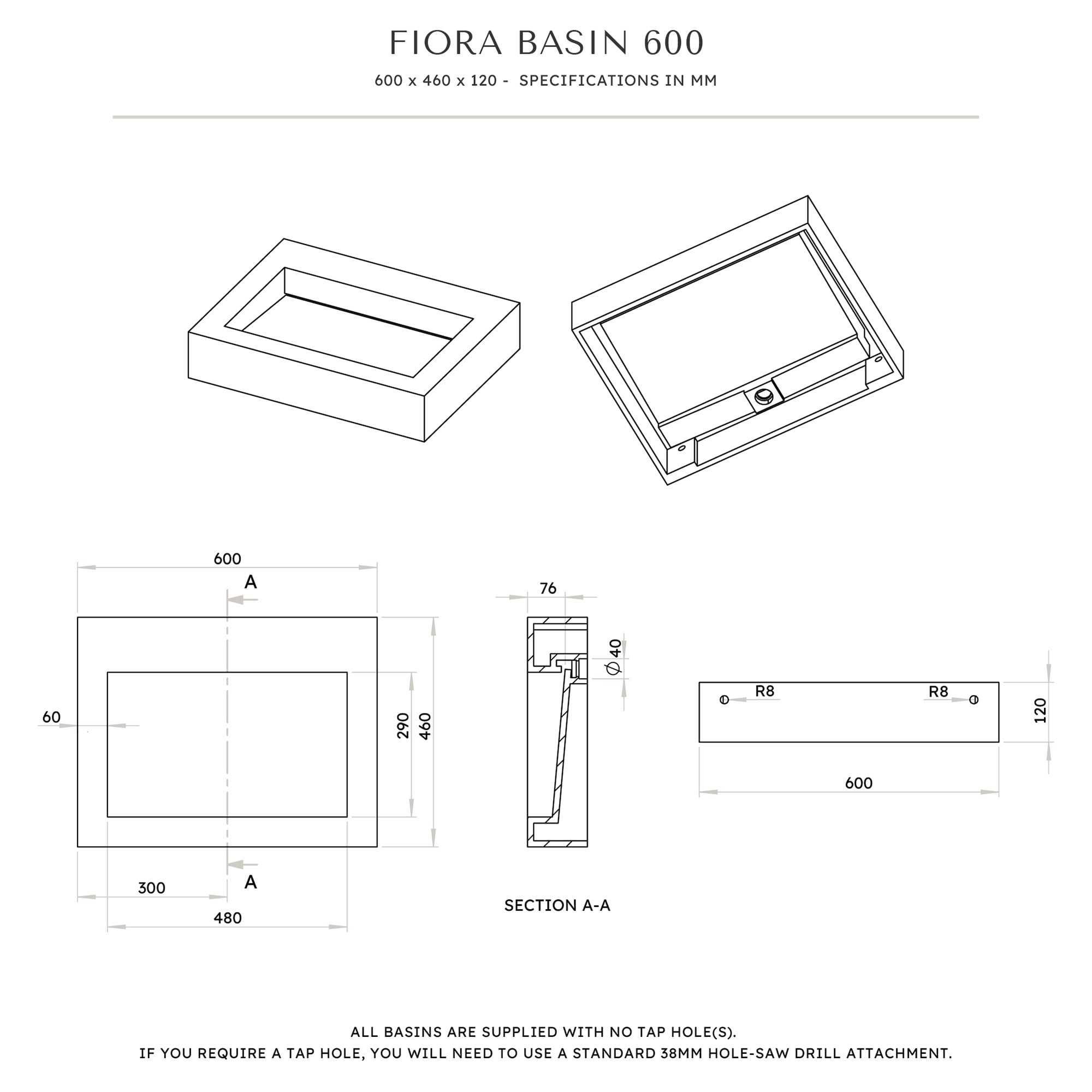 Fiora Matte Black Wall Hung Stone Basin 600mm | Aquaroc