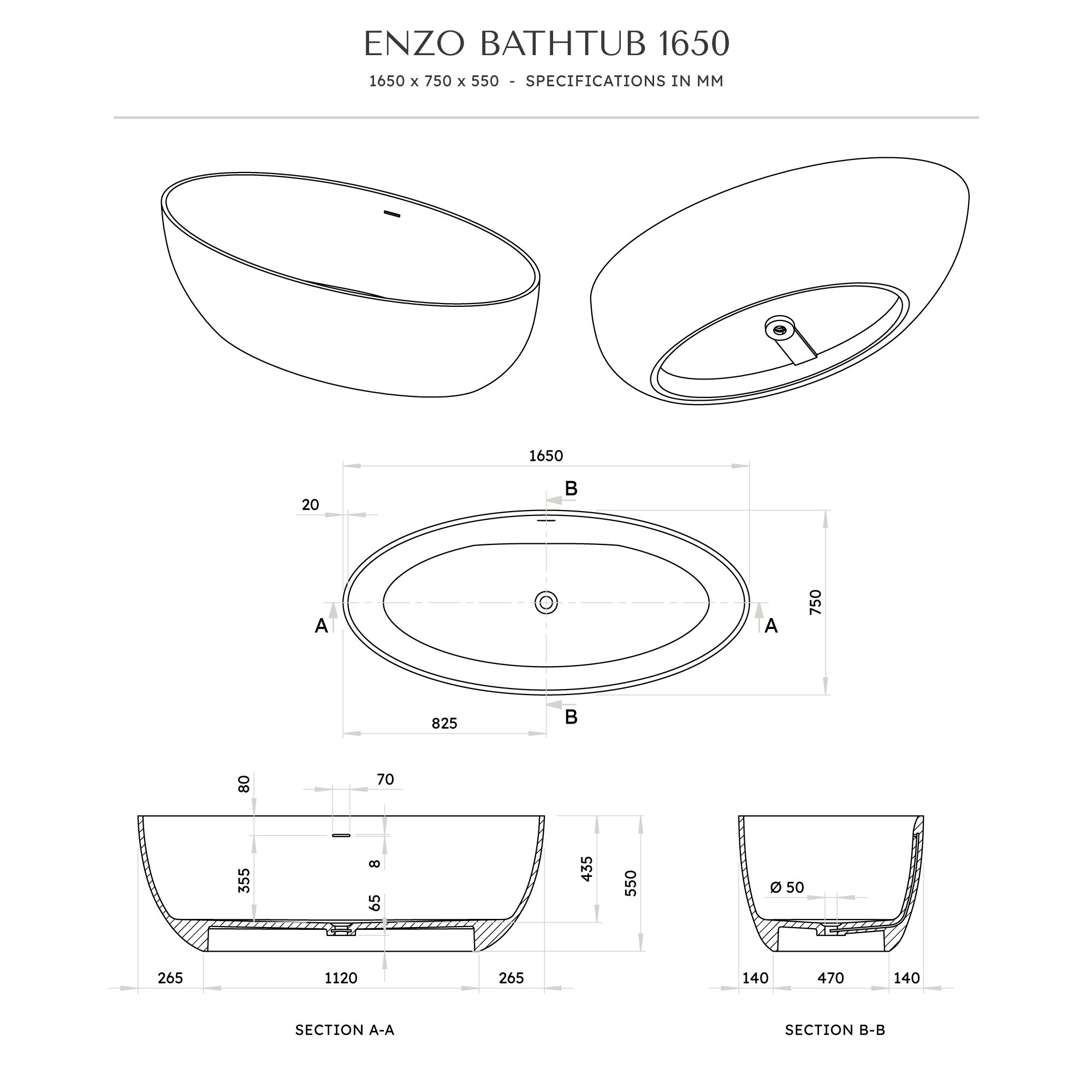 Enzo Freestanding Stone Bath 1650mm | Aquaroc