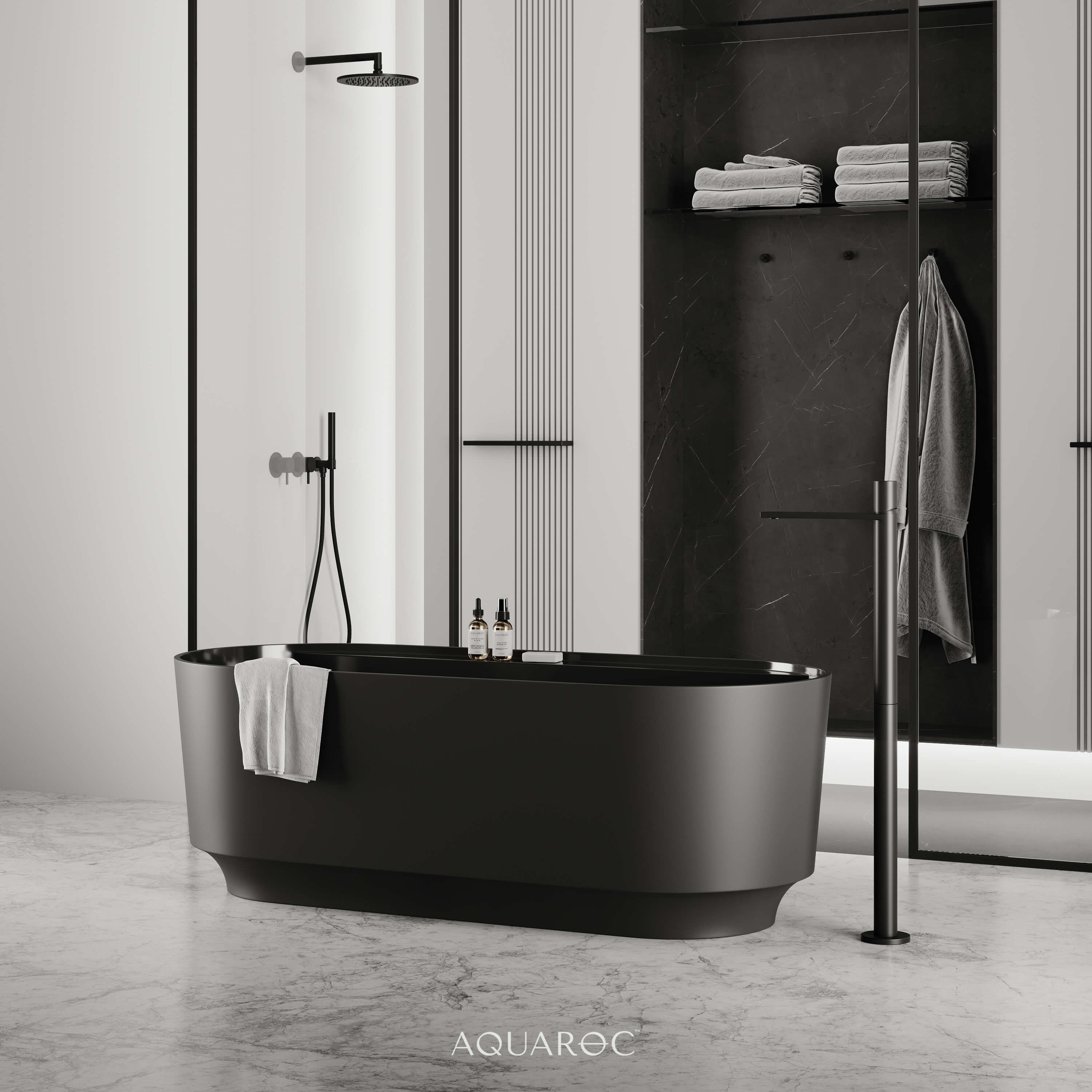 Atlantis Matte Black Freestanding Stone Bath 1600mm | Aquaroc