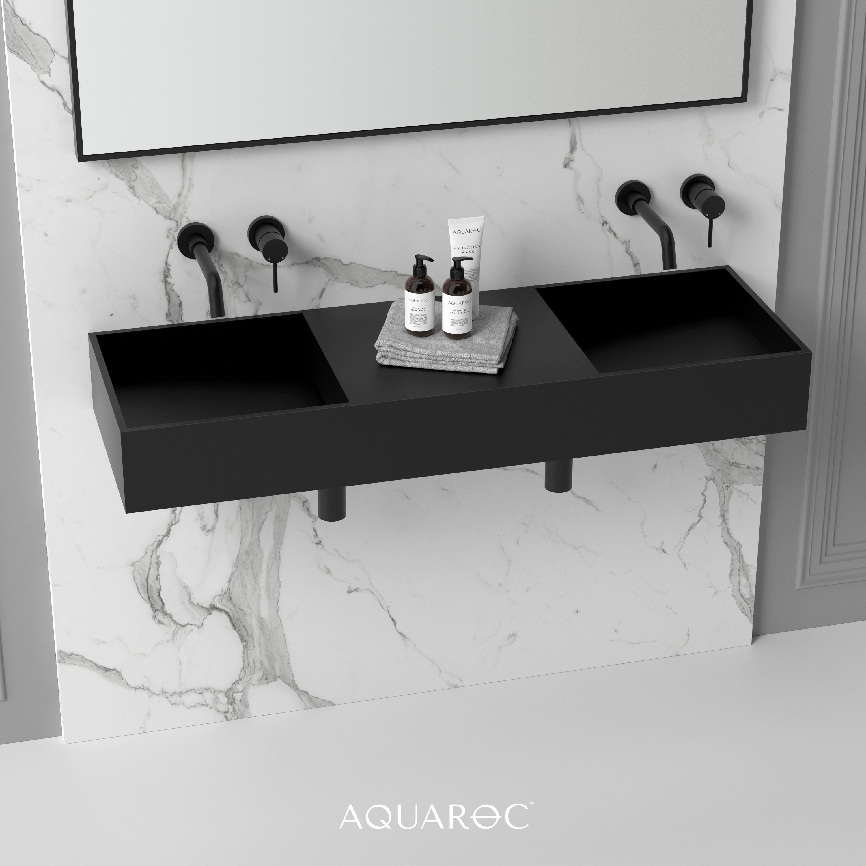 Atlante Matte Black Wall Hung Double Stone Basin 1200mm | Aquaroc
