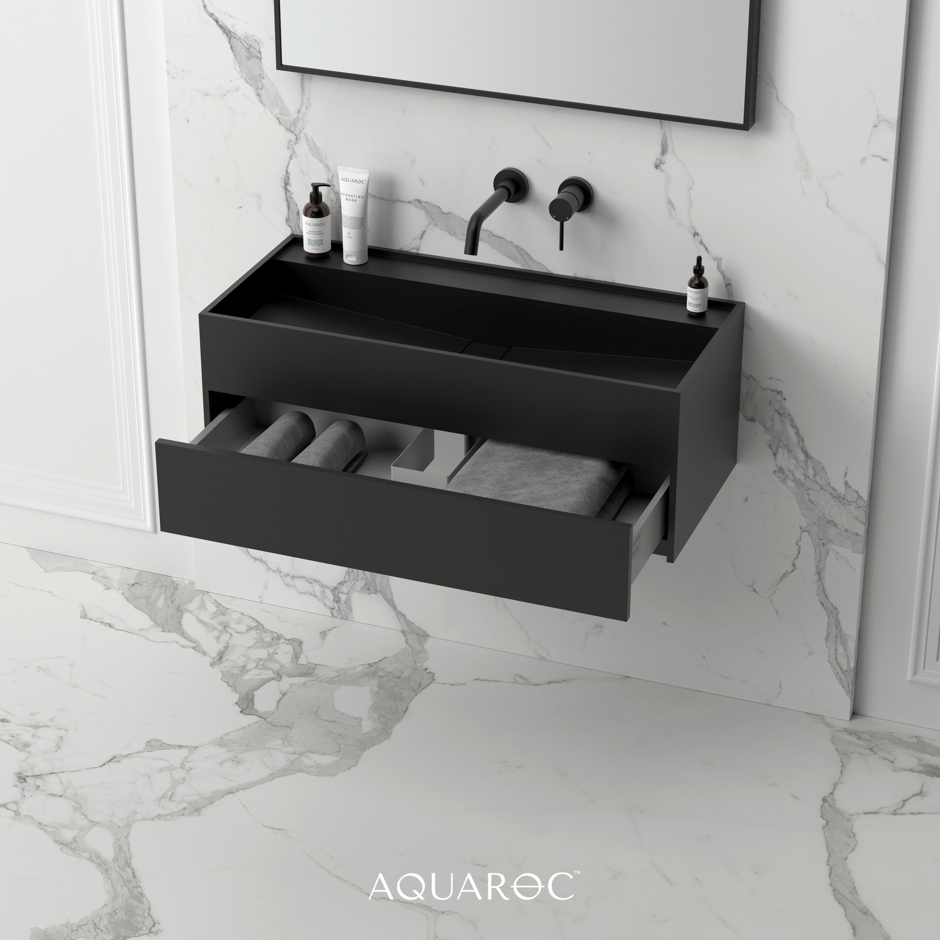 Nero Matte Black Stone Vanity Unit 900mm | Aquaroc