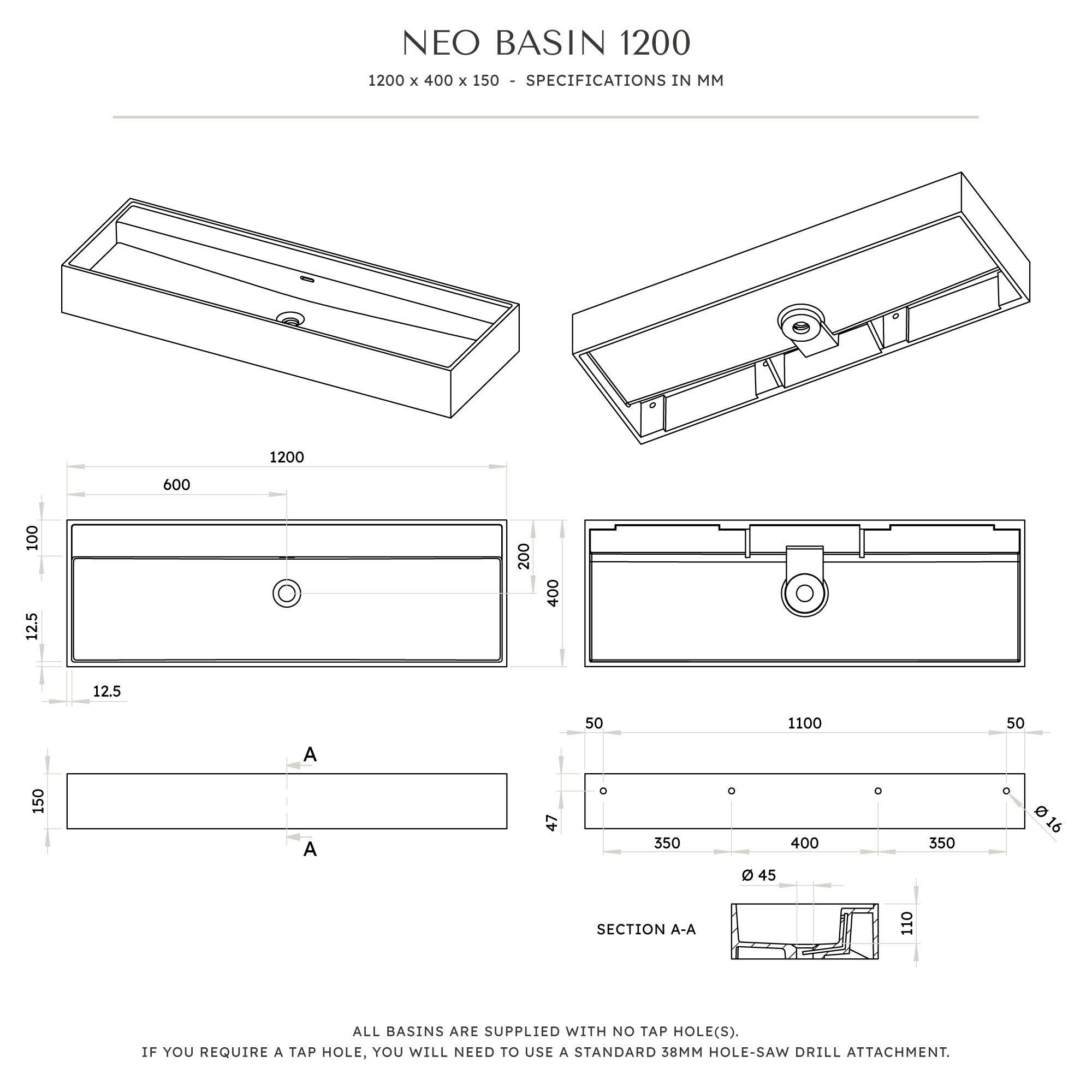 Neo Matte Black Wall Hung Stone Basin 1200mm | Aquaroc