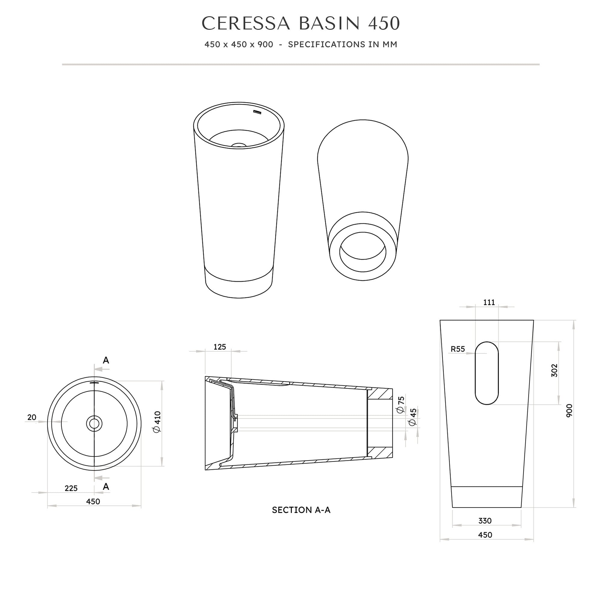 Ceressa Freestanding Stone Basin 450mm With Carrara Marble Base | Aquaroc