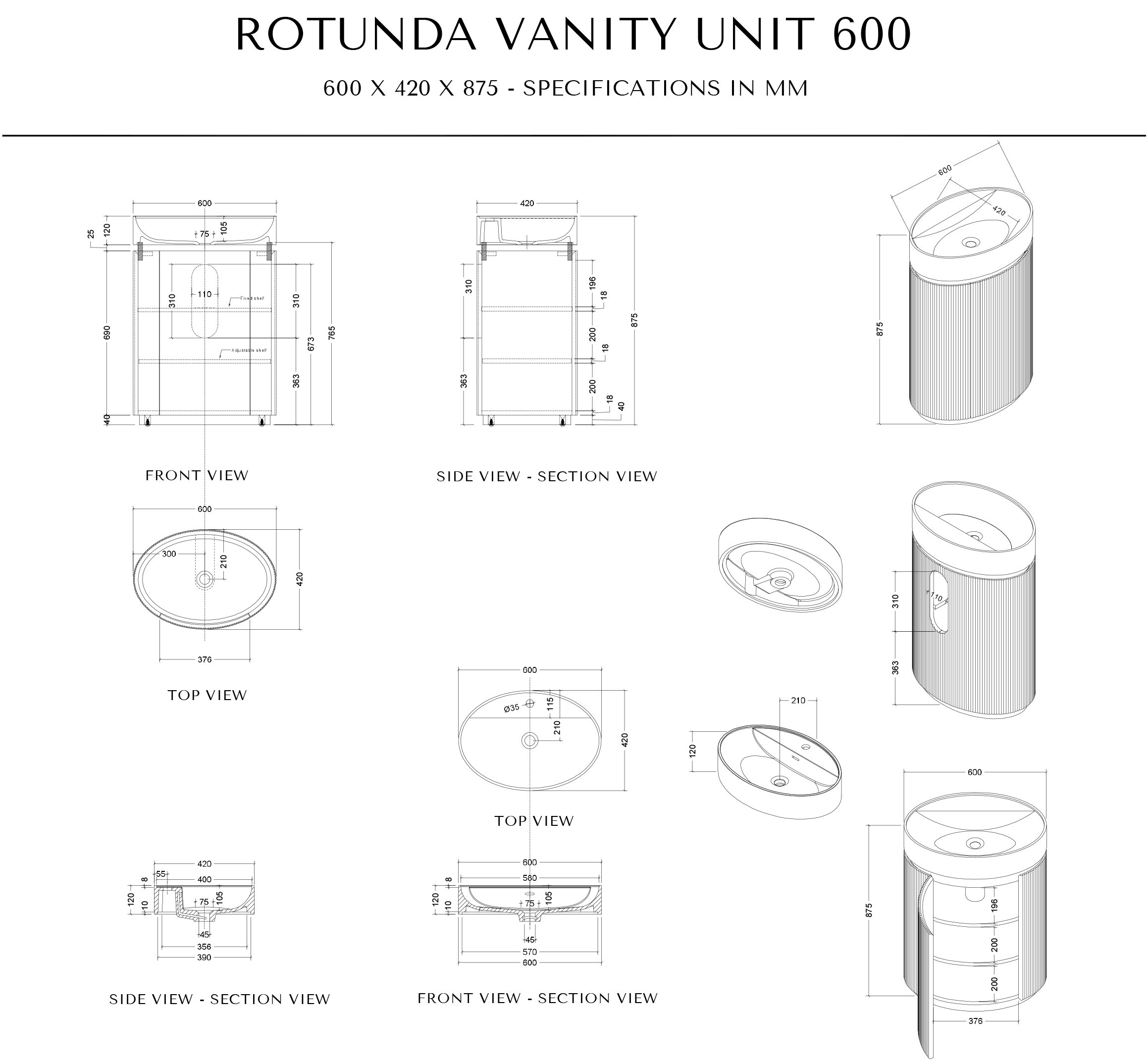 Rotunda Fluted Vanity Unit & Carrara Marble Basin 600mm Walnut | Aquaroc
