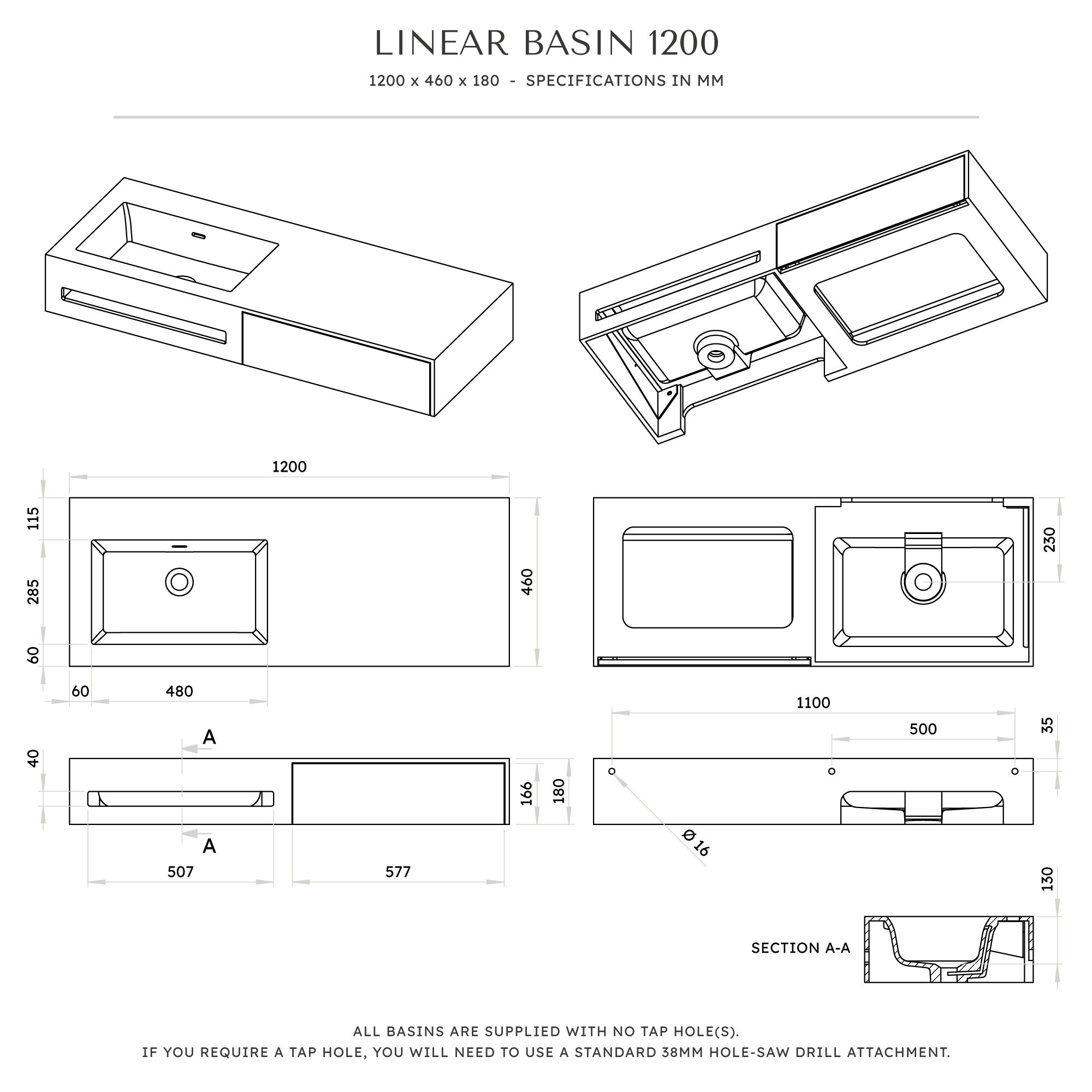 Linear Wall Hung Stone Basin 1200mm | Aquaroc