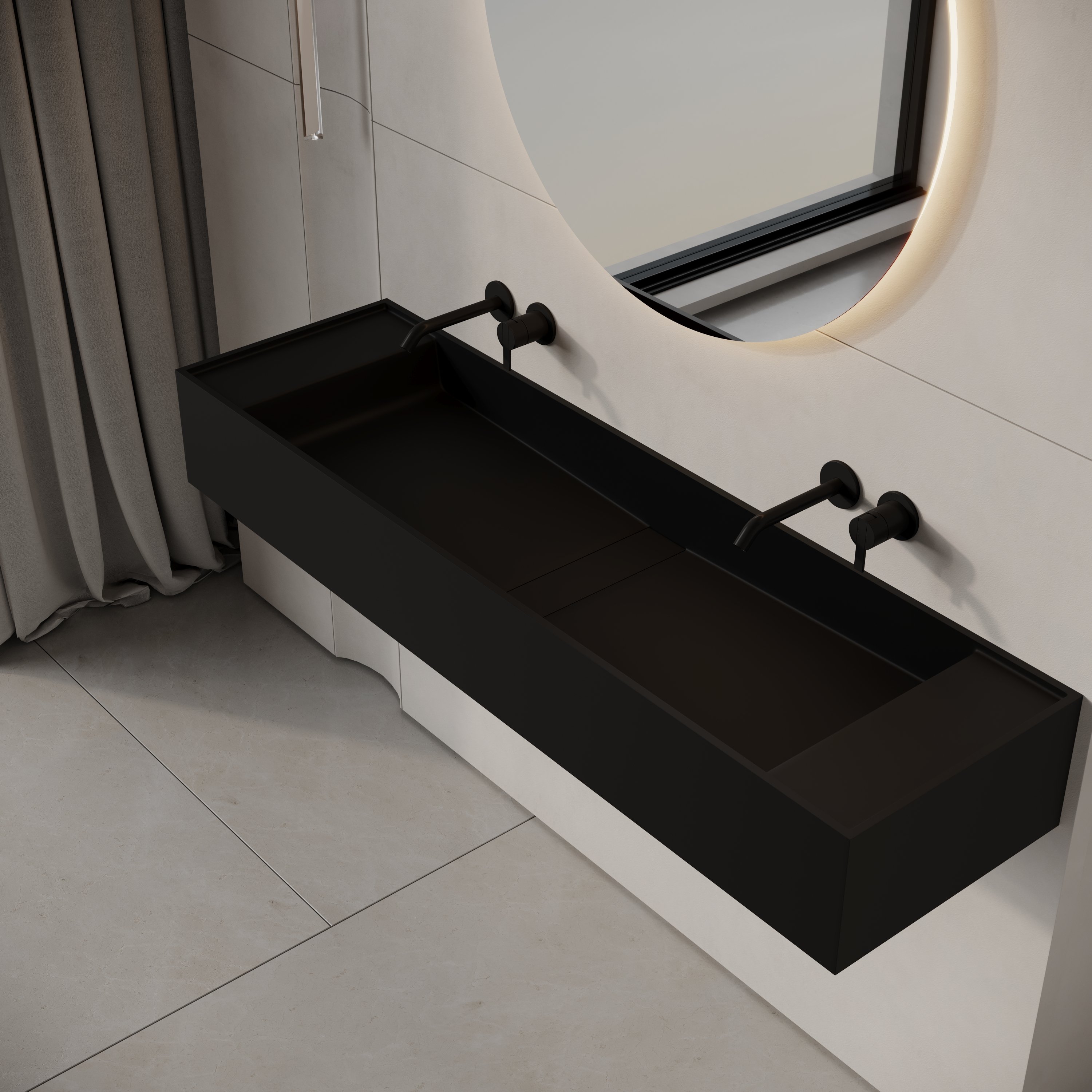 Ultra Matte Black Wall Hung Double Stone Basin 1400mm | Aquaroc