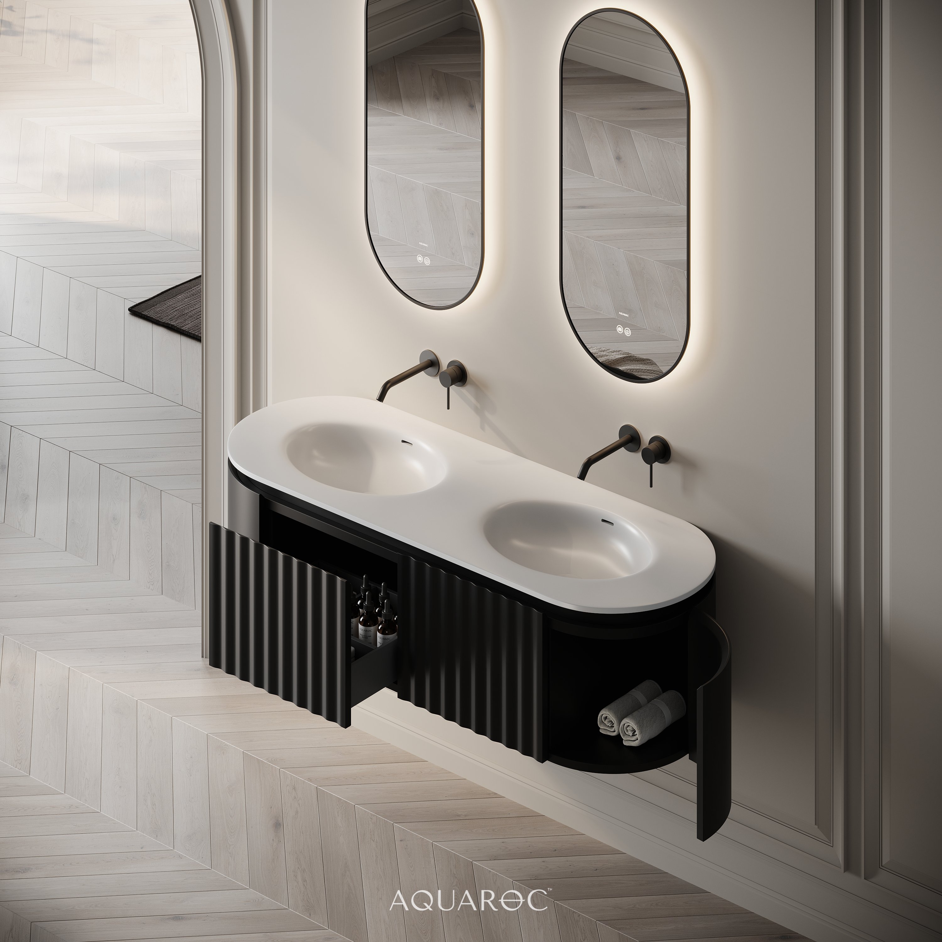 Belgravia Double Vanity Unit & Stone Basin 1400mm Matte Black | Aquaroc