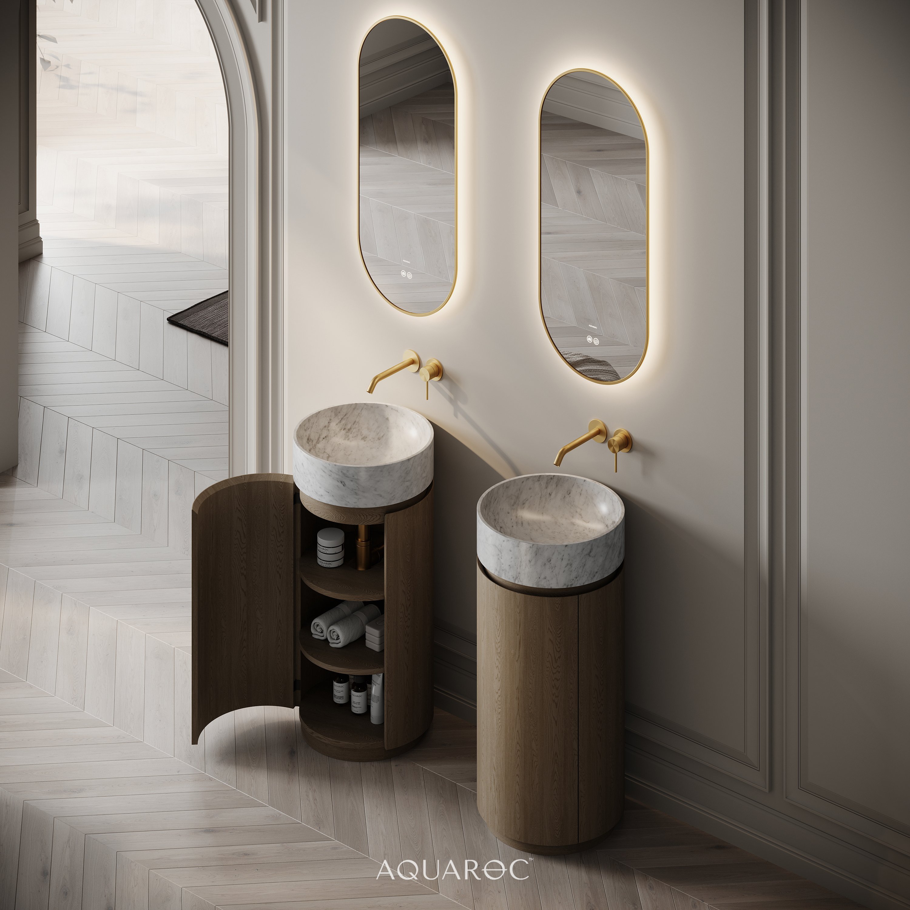 Rotunda Vanity Unit & Carrara Marble Basin 420mm Smoked Oak | Aquaroc