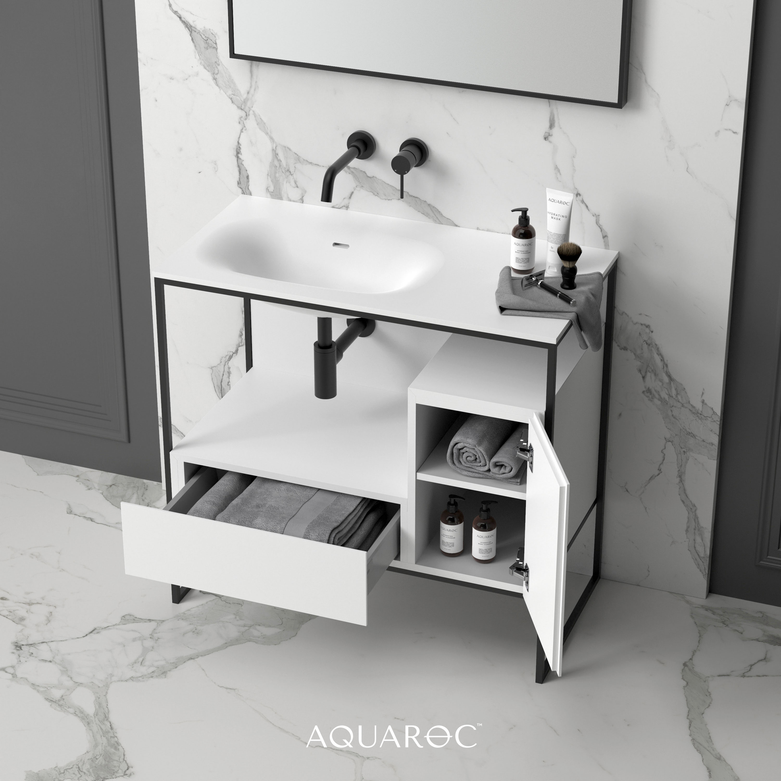 Niche Matte Black Frame Freestanding Vanity Unit & Stone Basin 900mm ...