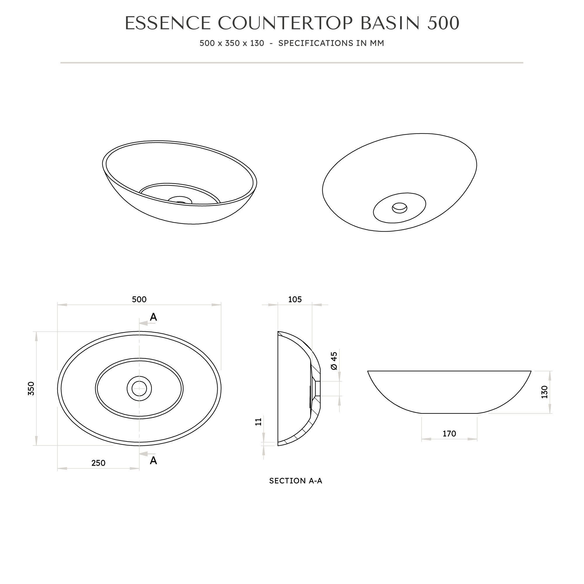 Essence Countertop Stone Basin 500mm | Aquaroc