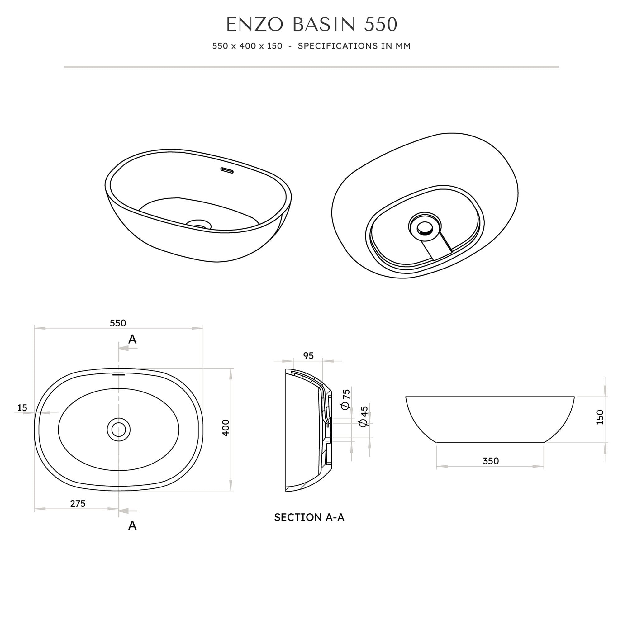 Enzo Countertop Stone Basin 550mm | Aquaroc