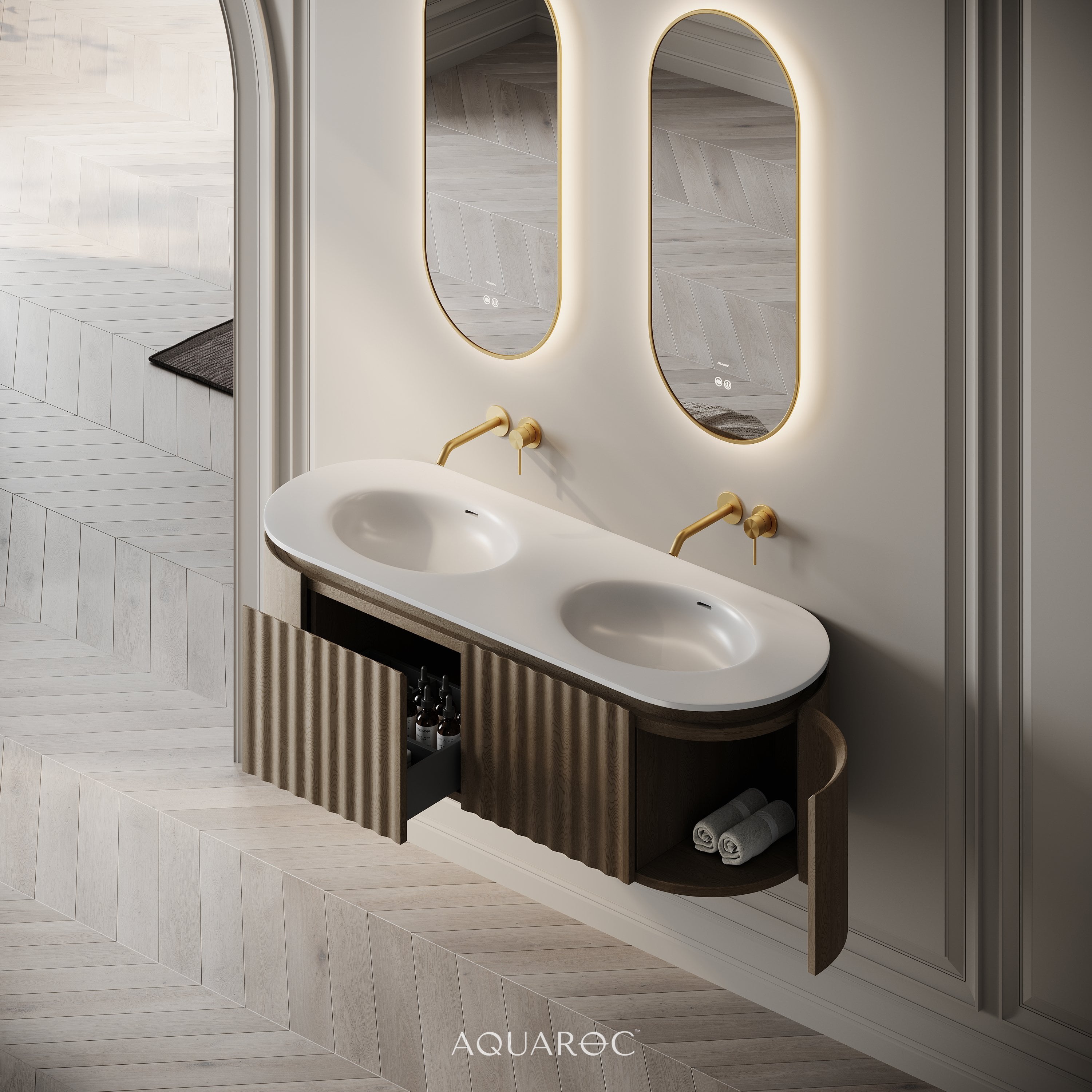 Belgravia Double Vanity Unit & Stone Basin 1400mm Smoked Oak | Aquaroc