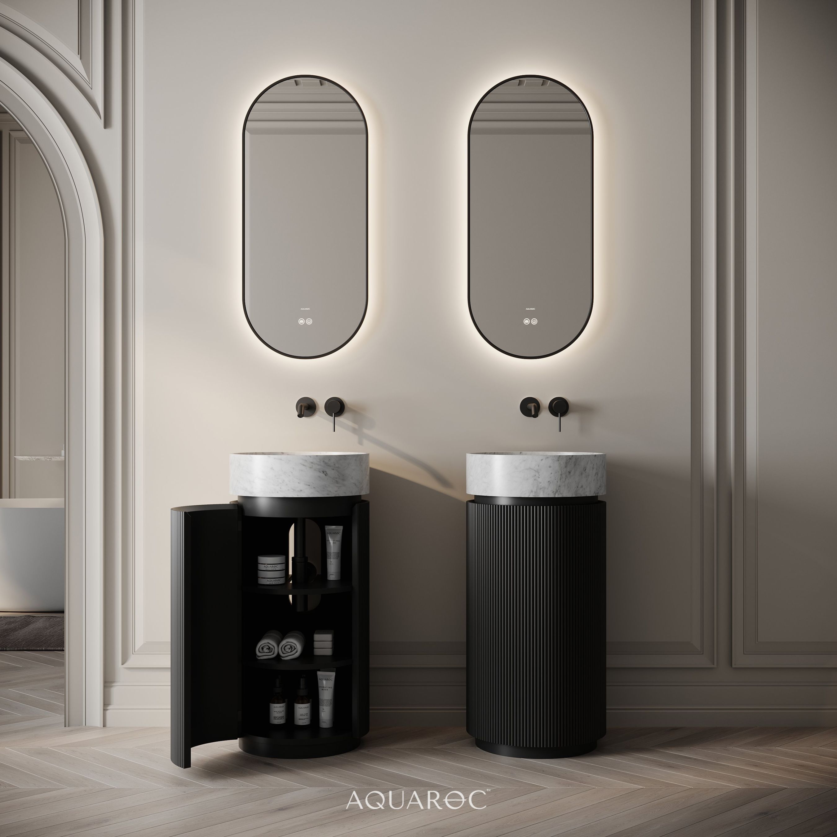 Rotunda Fluted Vanity Unit & Carrara Marble Basin 420mm Matte Black ...