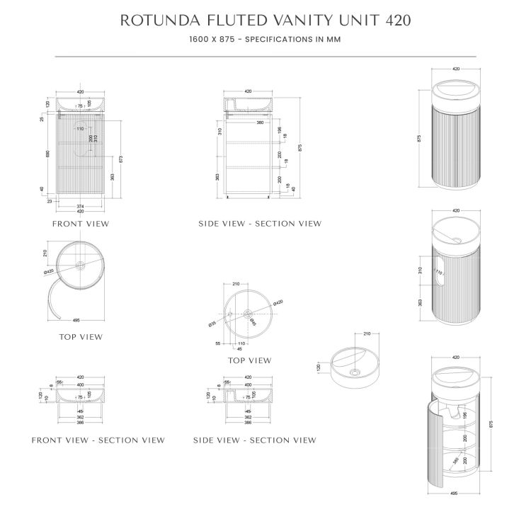 Rotunda Fluted Vanity Unit & Stone Basin 420mm Smoked Oak | Aquaroc
